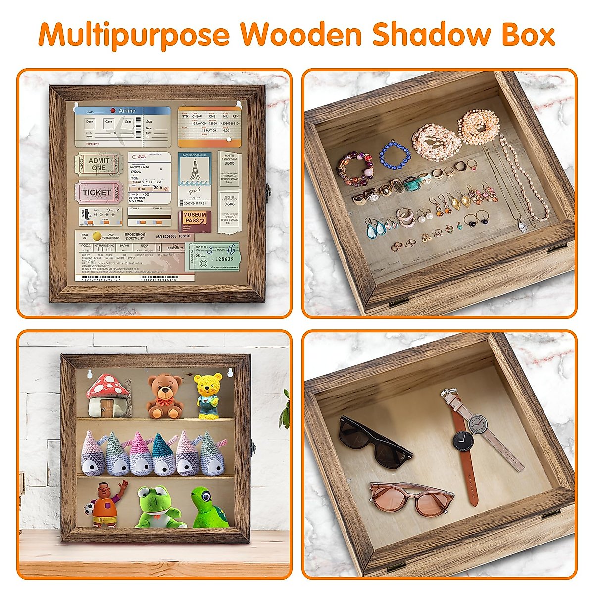 Wedding Gift Shadow Box Kit, 11” x 11” and 6” x 6” Wooden Shadow Boxes, Desktop Display Case with Transparent Lid, Wall Hanging Shadow Box Frame, Memory Box for Photos, Figurines, Jewelry, Tickets