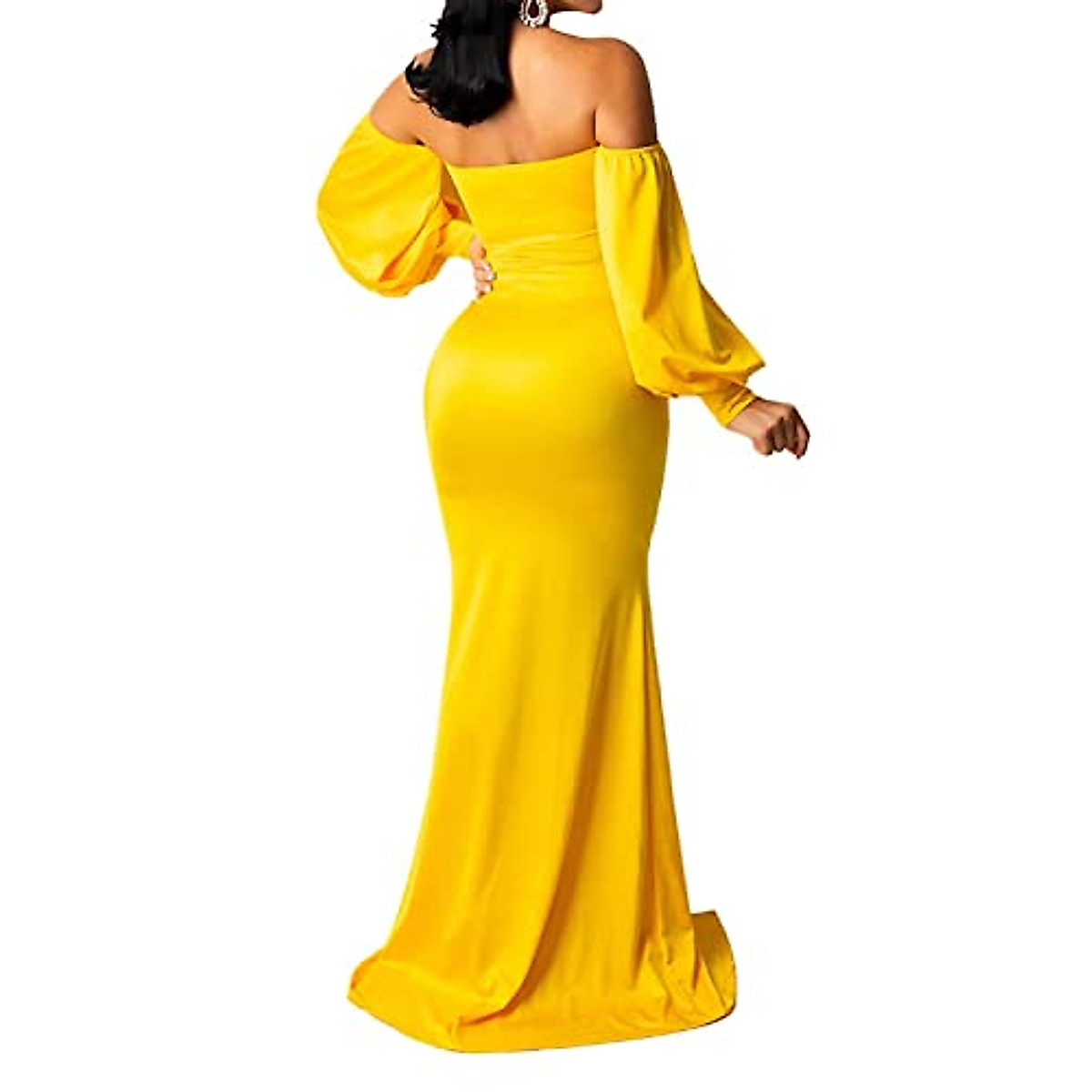 Uni Clau Women's Sexy Off Shoulder Maxi Dress V Neck Lantern Long Sleeve Split Gown Cocktail Mermaid Formal Dresses Yellow 2XL