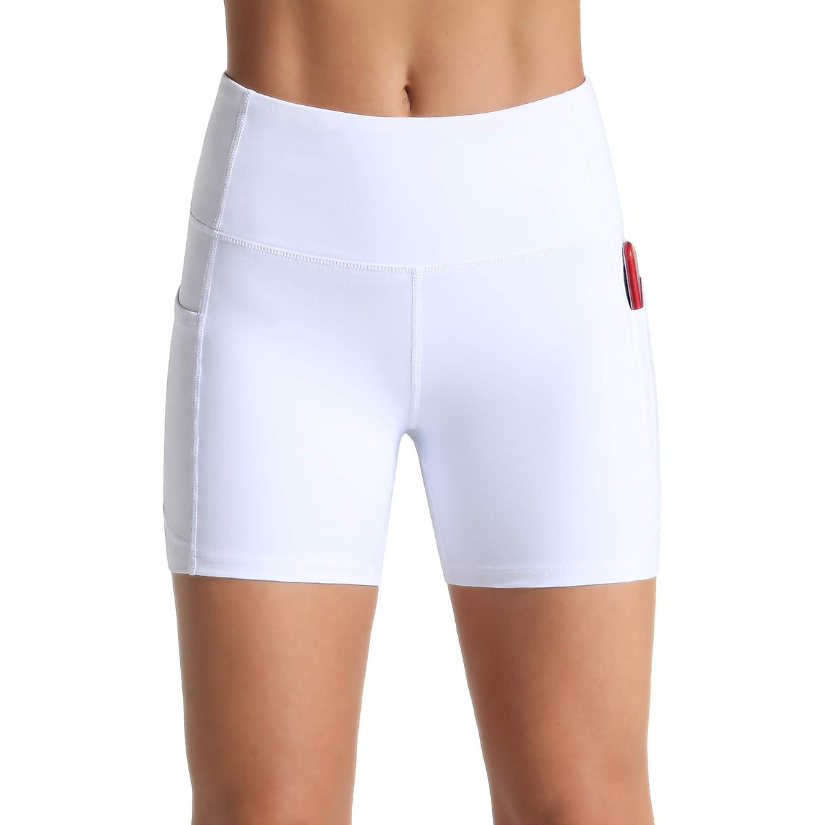Wjustforu Women's 5" High Waist Biker Shorts Tummy Control Compression Yoga Short Tight Shorts for Workout Running (White, Medium)