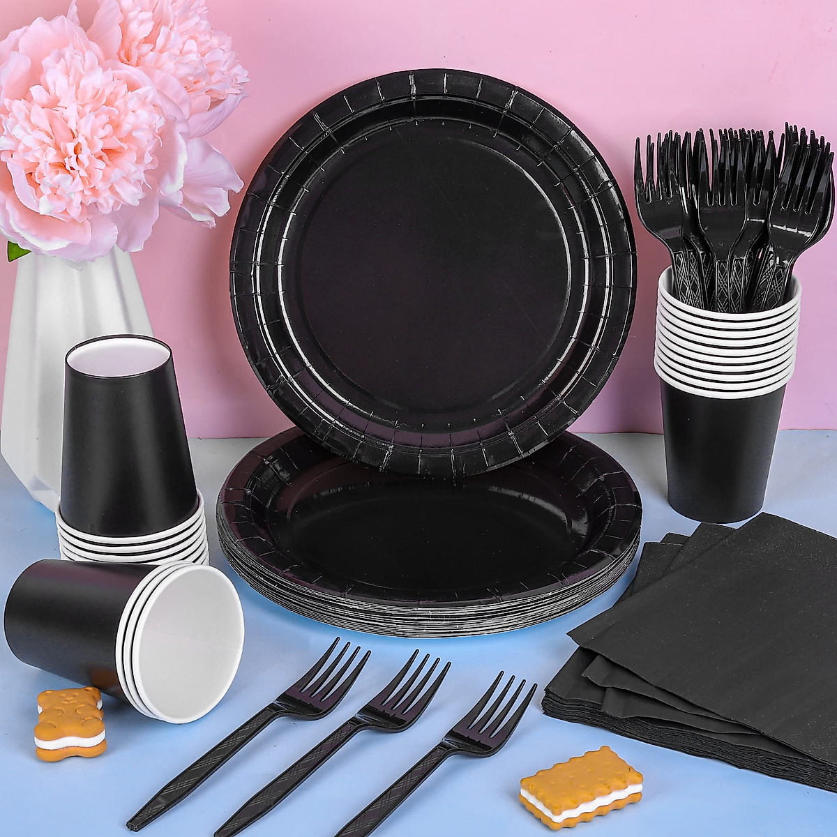 ADXCO Black Party Supplies Disposable Black Party Decorations 9 Inch Black Paper Plates Paper Cups Napkins Folks Serves 24 for Birthday Wedding Holiday Decorations