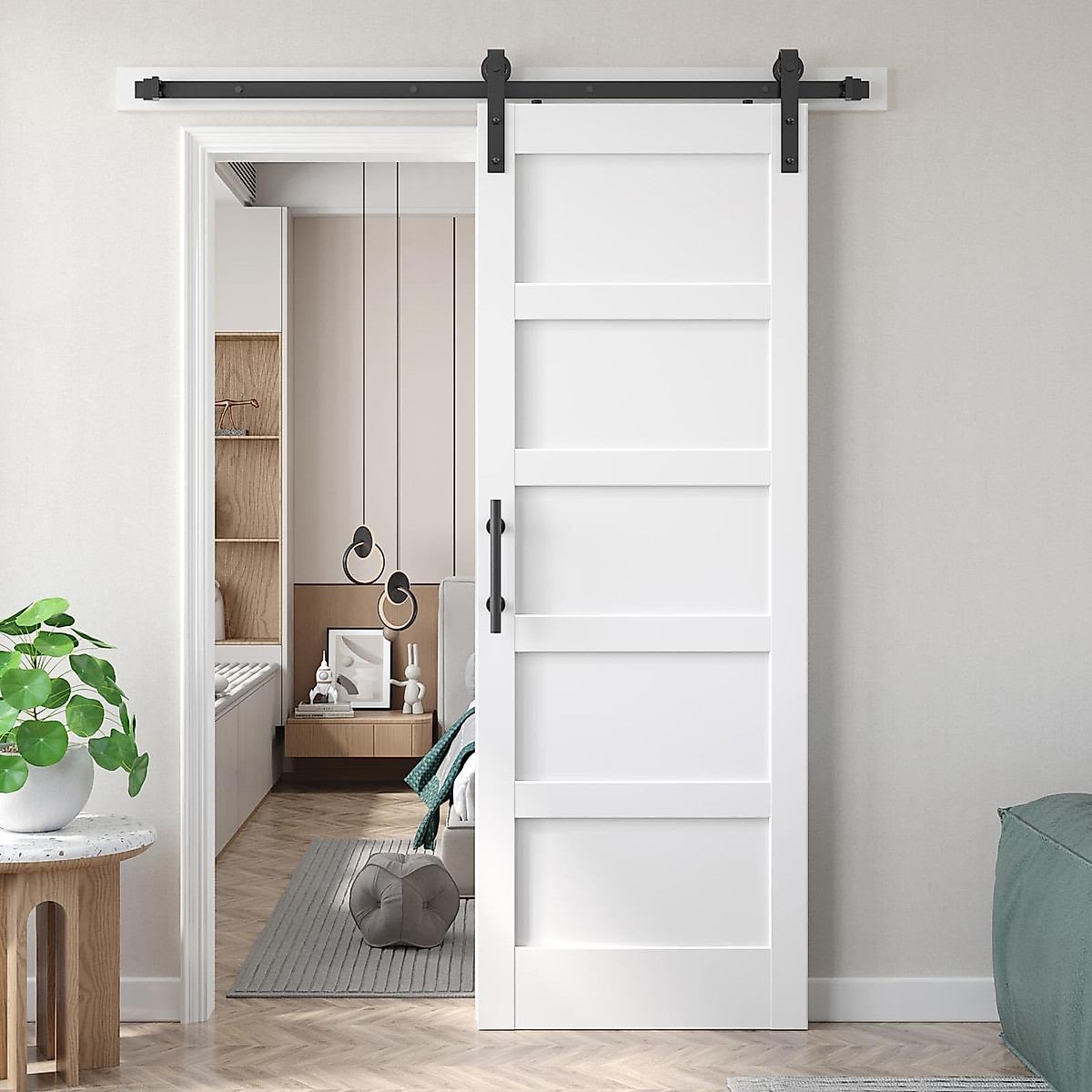 Fredbeck 30x84 inch White Barn Door with 5.5FT Sliding Door Hardware Kit Included & Handle,Solid,MDF, PVC Surface,DIY Assembly,5-Panel,Fit 27in-28in Opening