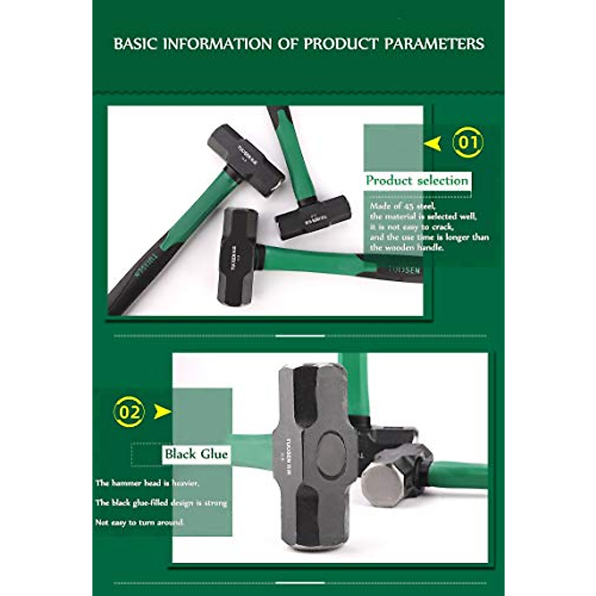 3-Pound heavy duty hammer/Strike Drilling/Crack Hammer, octagonal hammer with fiber shockproof handle,3-Pound Sledge with Fiberglass Handle & No-Slip Cushion Grip