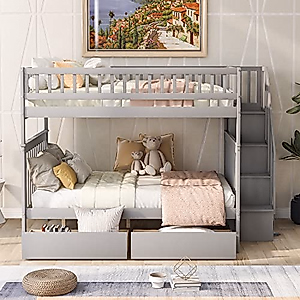 Merax Full Over Full Bunk Bed with Drawers, Storage Staircase, and Guard Rail, No Box Spring Needed, Gray