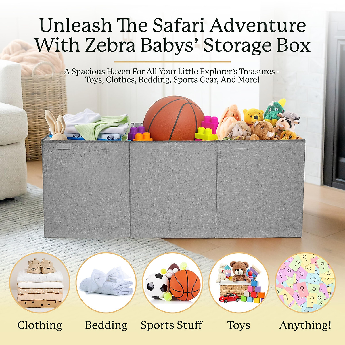 Kids Toy Chest for Boys & Girls - Stylish Versatile Stuffed Animal Holder & Toddlers Toy Organizer Makes Play Room Organization Easy - Made with Strong PP Board - Gray bin with Cationic Fabric