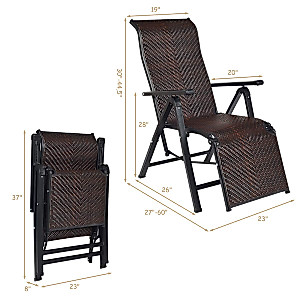 Tangkula 2 Pcs Folding Reclining Rattan Chair, Portable Chaise Lounge Chair w/Adjustable Positions, Outdoor Lounge Chair with Wide Armrest, Sturdy Steel Frame for Garden, Patio, Beach (2)