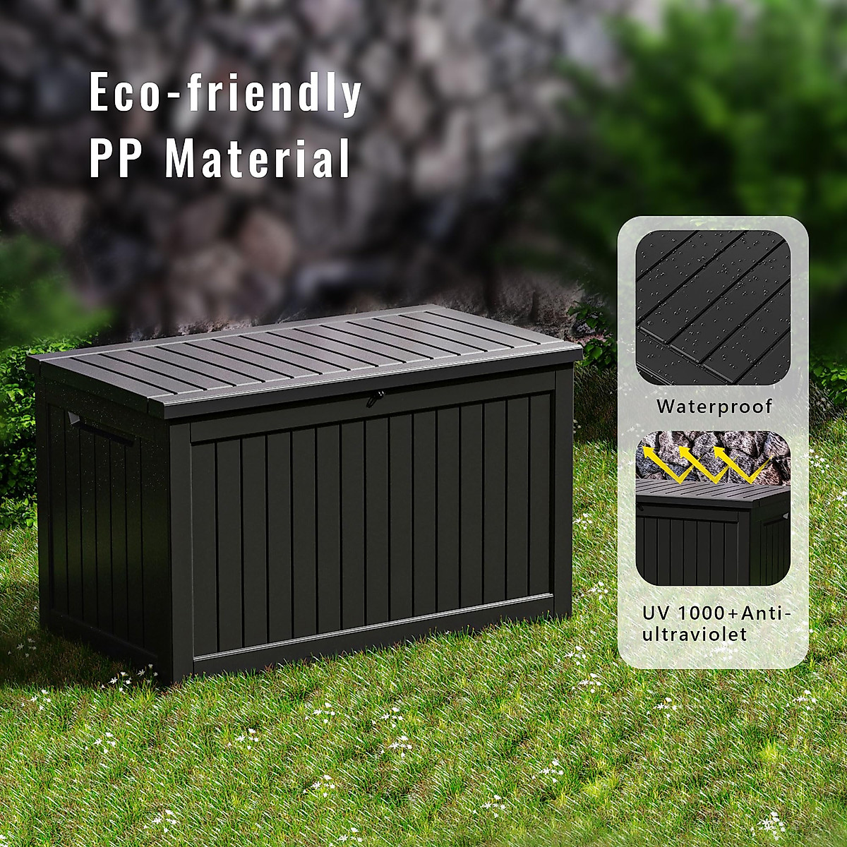 DRATO 230 Gallon Deck Box, Waterproof Resin Large Outdoor Storgae Box for Patio Furniture, Patio Cushions, Gardening Tools, Pool and Sports Supplies, Lockable (Black)