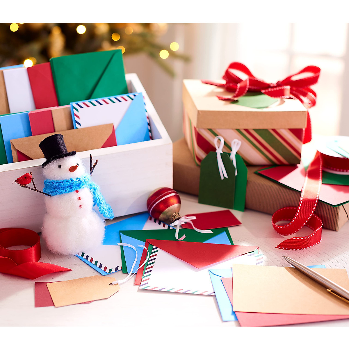 American Greetings Blank Note Cards with Envelopes, Kraft, Red, Green and Blue (200-Count)