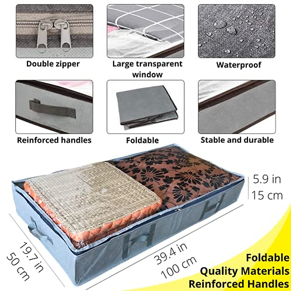 Large Underbed Storage Bags - 2 Pack Foldable Under Bed Organizer Bins with Clear Window, Zipper and Reinforced Handles for Toys, Blankets and Clothes + 2 Shoe Bags