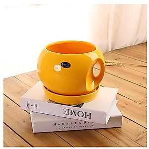 Ceramic Home/Garden Modern Flower Planter Pot with Saucer/Tray - Classic Round Shape Fashion Creative Design with Handle Color Yellow