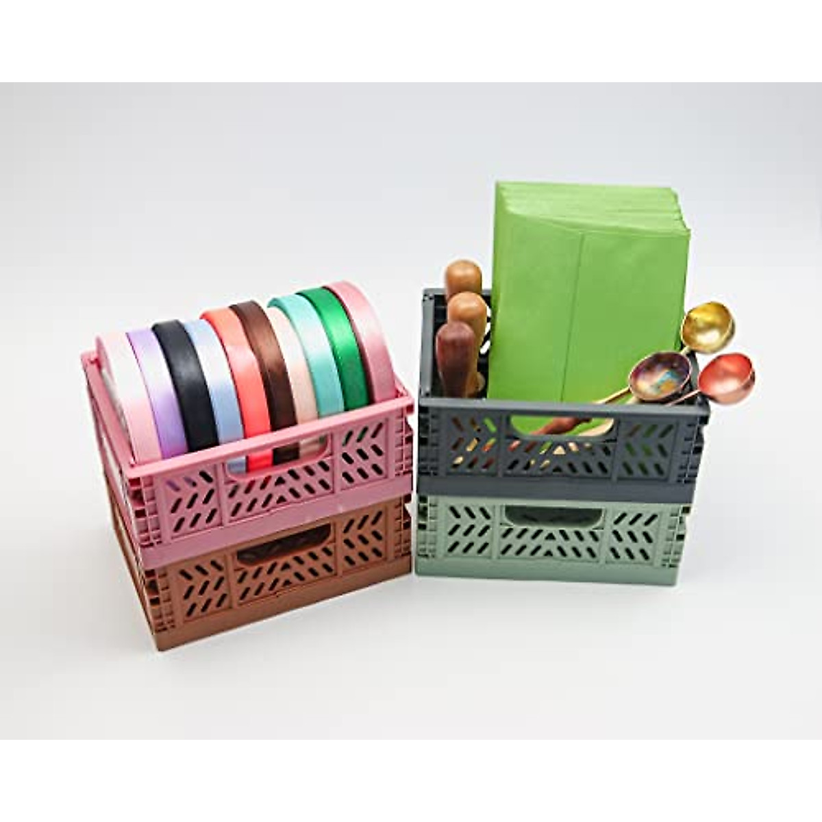 Chloe Emily & Co Stylish Stackable Storage Bins | Sets Plastic Sturdy Foldable Storage Crates for Office, Pantry, Bathroom & Kitchen Organization | Set of 4 (Extra Small, Black/Brown), X-Small