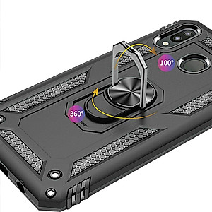 TJS Compatible with Samsung Galaxy A20 Case, Galaxy A30 Case, with Tempered Glass Screen Protector Metal Ring Magnetic Support Kickstand Heavy Duty Drop Protector Phone Case (Black)