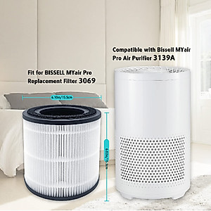 3-in-1 Replacement Filters Compatible with BISSELL MYair Pro Air Purifier 3139A 3139B, Esctabalt 2-Pack 3139A Replacements True HEPA Filter, 3069, White