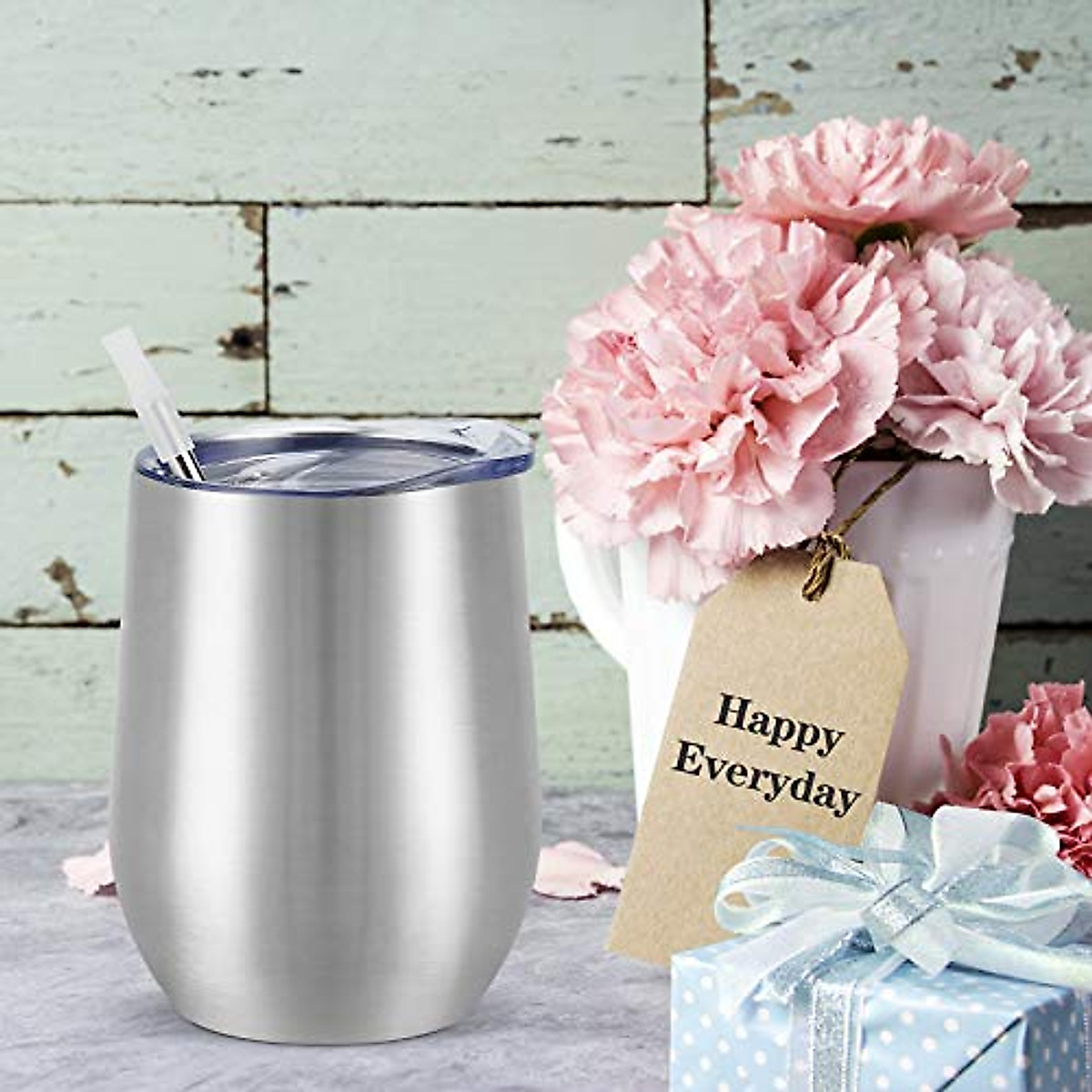 Stainless Steel Wine Tumbler 12Oz, Double Wall Vacuum Insulated Wine Tumbler with Lid and Straw, Stainless Steel Stemless Wine Glass for Wine, Coffee, Cocktails, Champaign, Ice Cream, Silver…
