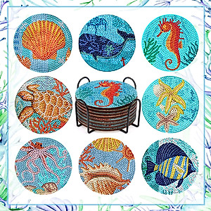 BABORUI Diamond Painting Coasters, 8Pcs 5D Ocean Diamond Art Kits for Adults Kids, Sea Diamond Painting Coasters with Holder for Beach House Decor