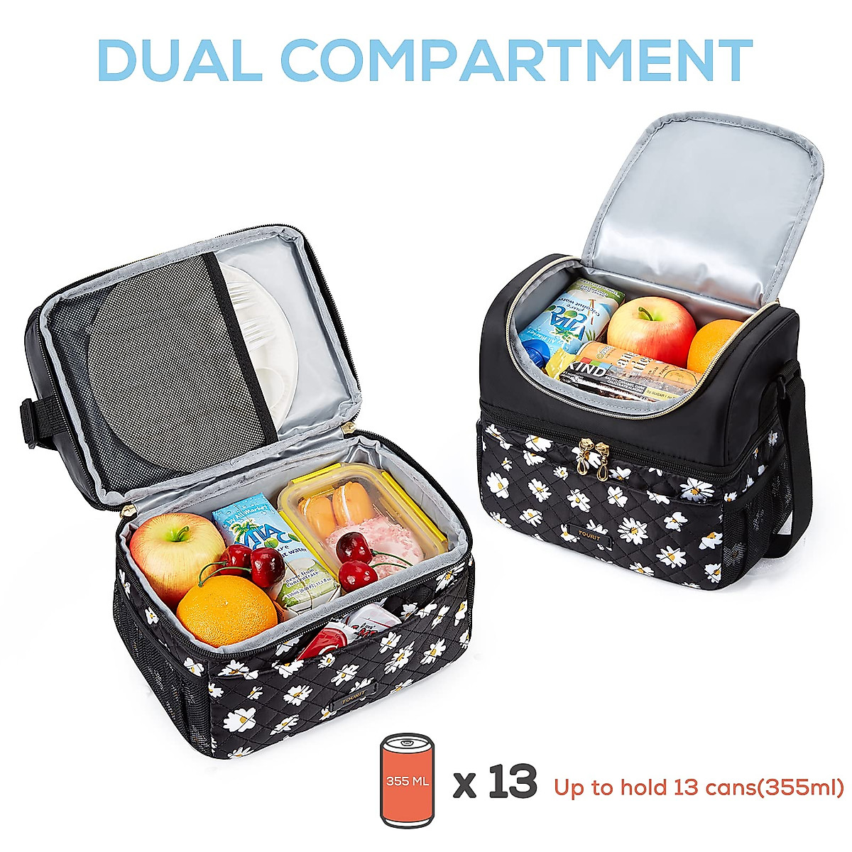 TOURIT Dual Compartment Lunch Bag Women Insulated Lunch Box Cooler Bag for Men, Women, Work, Picnic, Black with Daisy