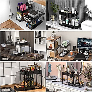 GAOLINE 2 Pack 2 Tier Under Sink Organizers and Storage with 8 Hooks, 4 Long Bulkheads, 4 Short Bulkheads & 2 Hanging Cups, Double Sliding Drawers Cabinet Basket Organizer, Up to 15 inches High, Black