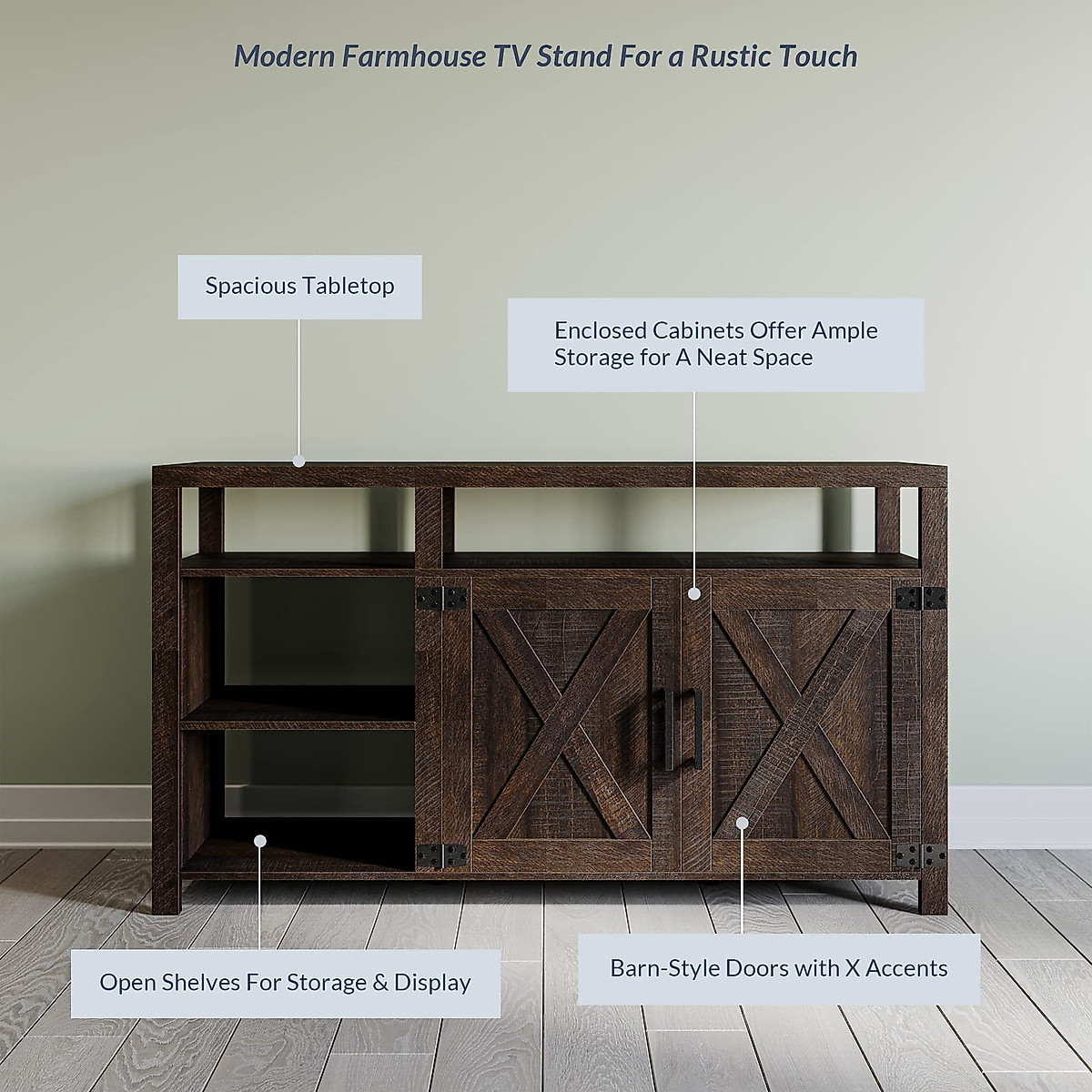 BELLEZE 58" TV Stand for TVs Up to 65", Modern Entertainment Center & TV Cabinet with Storage Shelves and Cabinet, Wood Storage Cabinet Media Console Table for Living Room Bedroom, Espresso