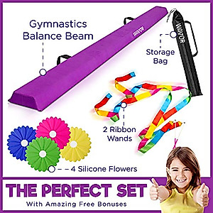 Wavor 8ft Balance Beam: 4 Flowers, 2 Ribbons, Foldable, Easy to Carry, Stable, Firm, 2 Color Options, 4-Inch Wide Kids Gymnastics Beam