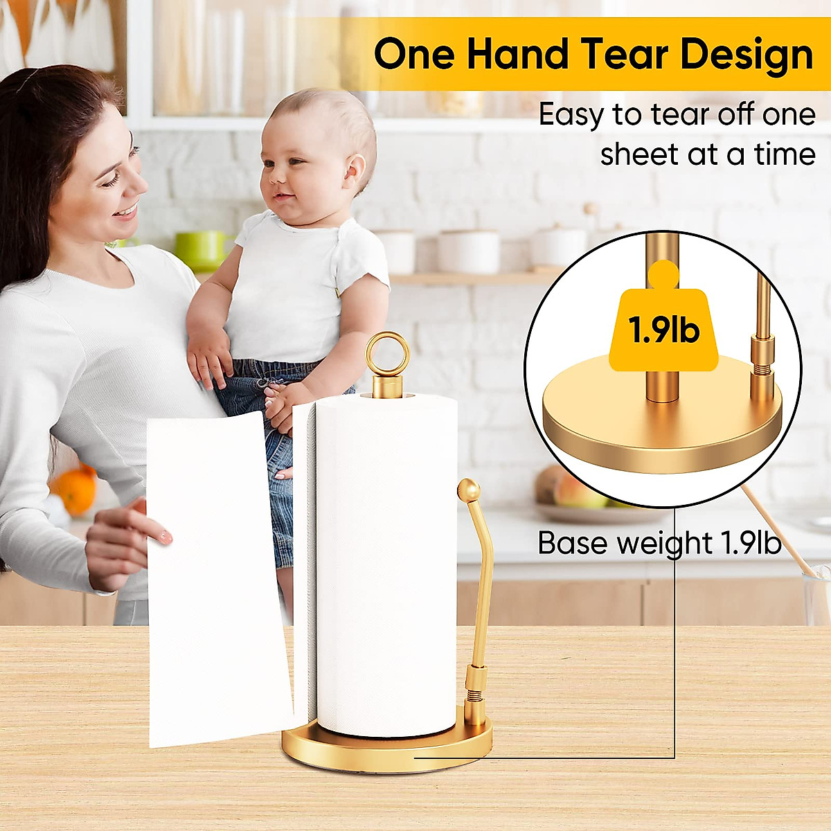 Paper Towel Holder Stainless Steel - One Hand Tear Paper Towel Dispenser Standing Weighted Base Non Slip, Spring Arm, Stainless Steel Paper Towel fits in Kitchen Bathroom Countertop (Gold)