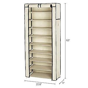 SONGMICS 10-Tier Shoe Tower Rack with Cover 27-Pair Space Saving Shoe Storage Organizer Beige URXJ10M