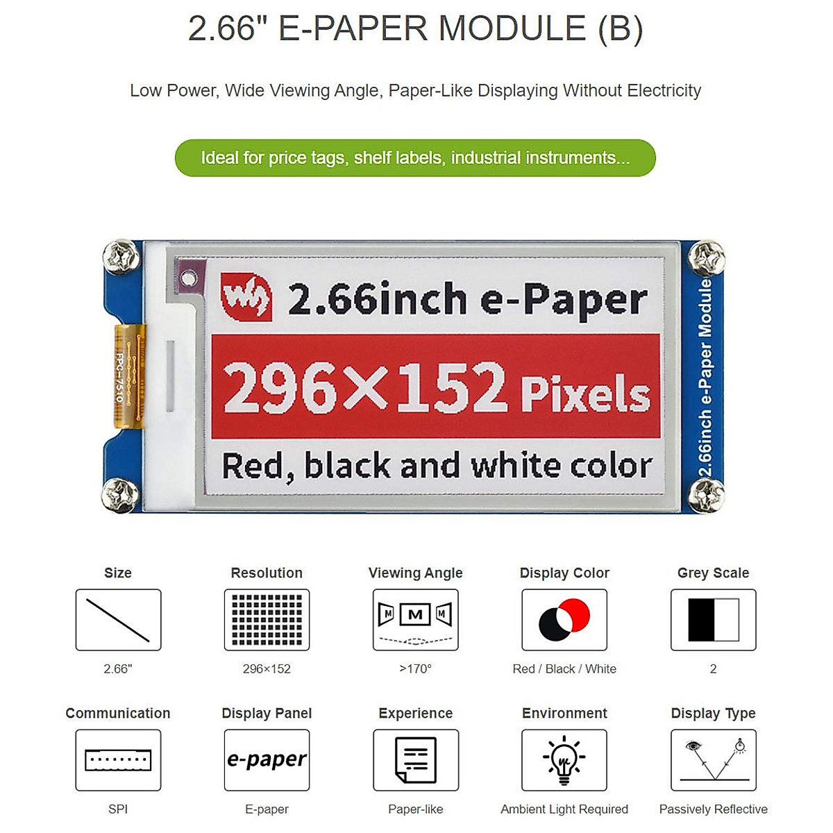 Coolwell Waveshare 2.66inch E-Paper E-Ink Display Module (B) for Raspberry Pi/Jetson Nano, 296×152 Pixels, SPI Interface,Red/Black/White Three-Color