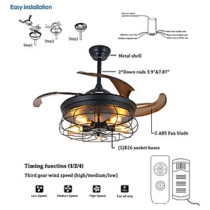 OUKANING Ceiling Fan with Light Industrial Ceiling Fan Retractable Blades Vintage Cage Chandelier Fan with Remote Control-5 Edison Bulbs Needed Not Included (36 Inch)