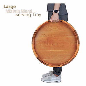 MAGIGO 20 Inches Large Round Cherry Wood Ottoman Tray with Handles, Serve Tea, Coffee or Breakfast in Bed, Classic Circular Wooden Decorative Serving Tray