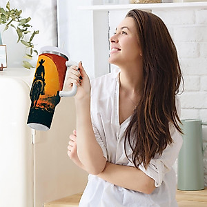 Jihqo Western Cowboys under Sunset 40 oz Stainless Steel Vacuum Insulated Tumbler with Handle and Straw Lid, Leakproof Water Bottle Double Wall Travel Mug Coffee Cup, Cupholder Friendly