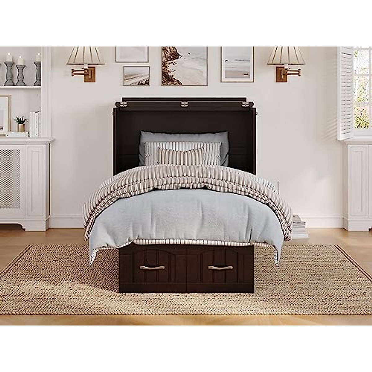 AFI, Nantucket Twin Murphy Bed Chest with Mattress, Storage Drawer and Built-In USB Charger, Espresso