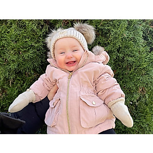 Funky Junque Infant Double Pom Beanie and Mittens Set - Diagonal Basketweave - Beige