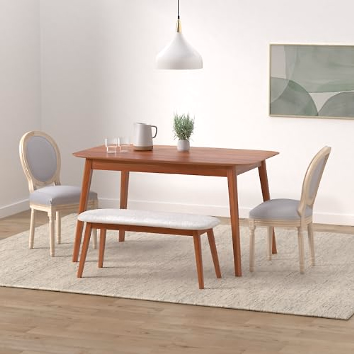 civama Dining Chairs Set of 4 French Vintage, Mid Century Upholstered Farmhouse Fabric Chair with Round Backrest and Solid Rubberwood Leg for Dining Room Bedroom Kitchen Restaurant, Light Grey