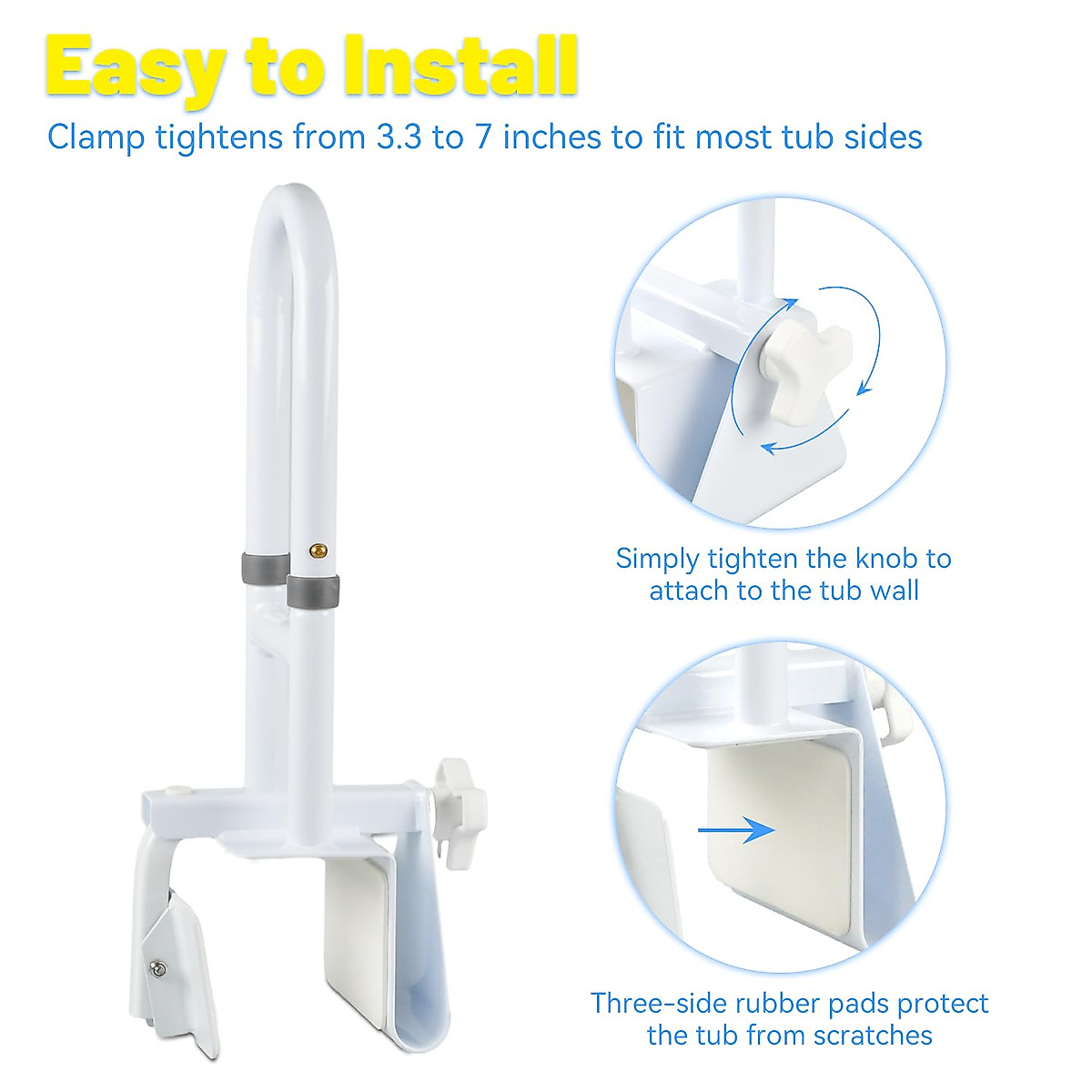 Icedeer Adjustable Bathtub Grab Bars for Seniors, Tub Handle Grab Bar for Elderly Bath Support, Bathtub Safety Rail, White