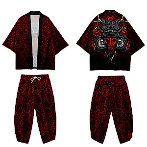 DOSLAVIDA Men's Japanese Kimono Jacket Set Stylish Open Front Coat With Shorts Chinese Style Printed Cardigan Suits