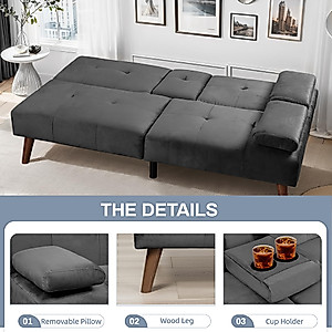 JAMFLY Futon Couch Sofa Bed Convertible, Small Sleeper Sofa Chair Loveseat with Cup Holder for Small Spaces, Living Room, Bedroom, Gameroom, Apartment, Dorm (Dark Gray)