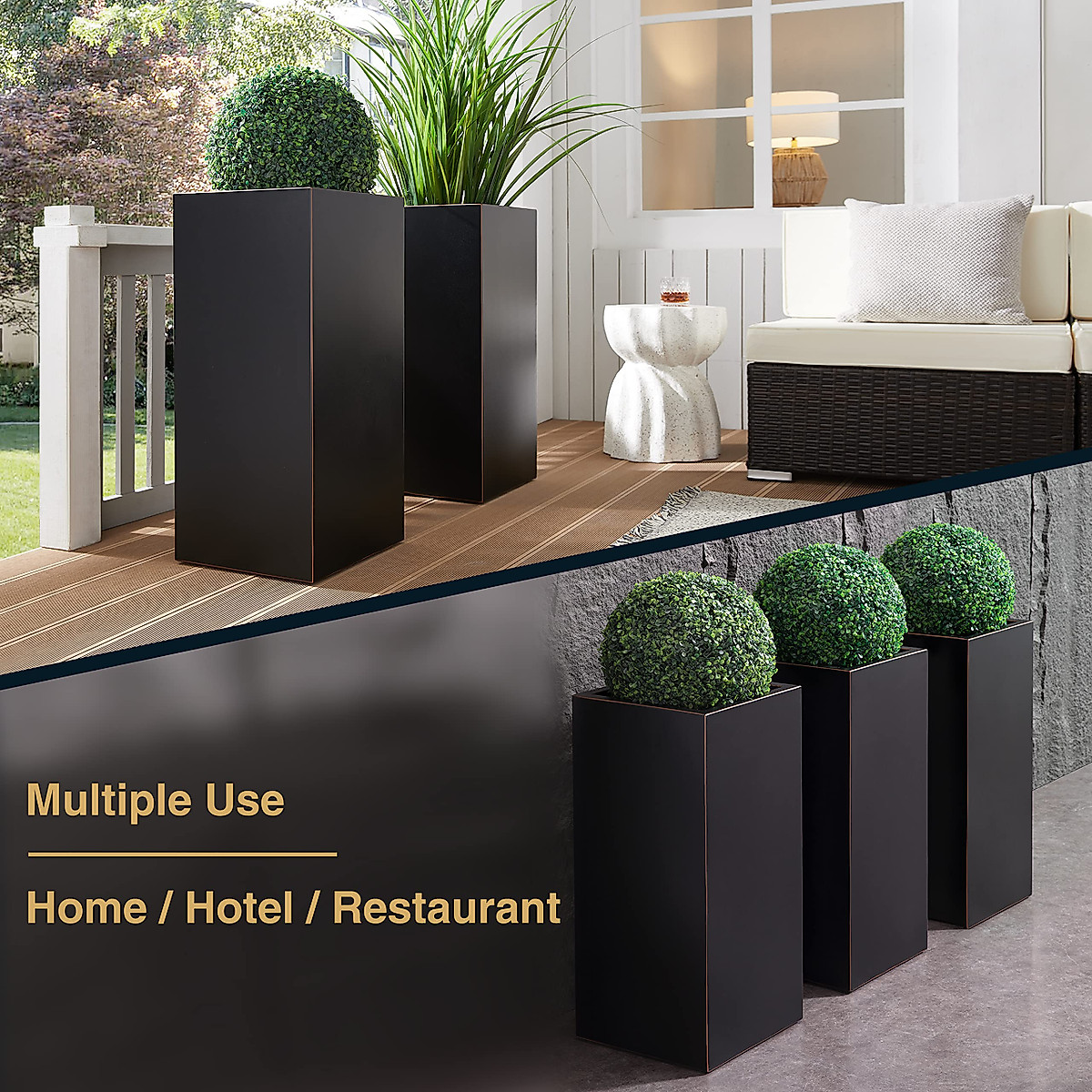 Wallowa Metallic Heavy Tall Outdoor/Indoor Planter Box 14Lx14Wx30H Inches Rectangular Large Flowerpot, Tall Metal Planter Box for Front Porch ‎25 Pounds, No Assembly Required, Black, 1 Pack