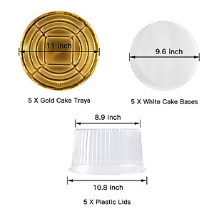 NPLUX 10 Inch Plastic Cake Carriers Gold Cake Containers with Lid and White Cake Boards, Clear Cupcake Holder for 1-2 Layer Cheesecake, Bundt Cake Pie Bakery Supplies (5 Pack)
