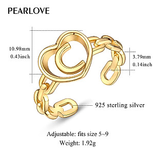 PEARLOVE 925 Sterling Silver Adjustable Initial Rings for Women Stackable 18K Gold Plated A-Z Letter Chain Link Rings