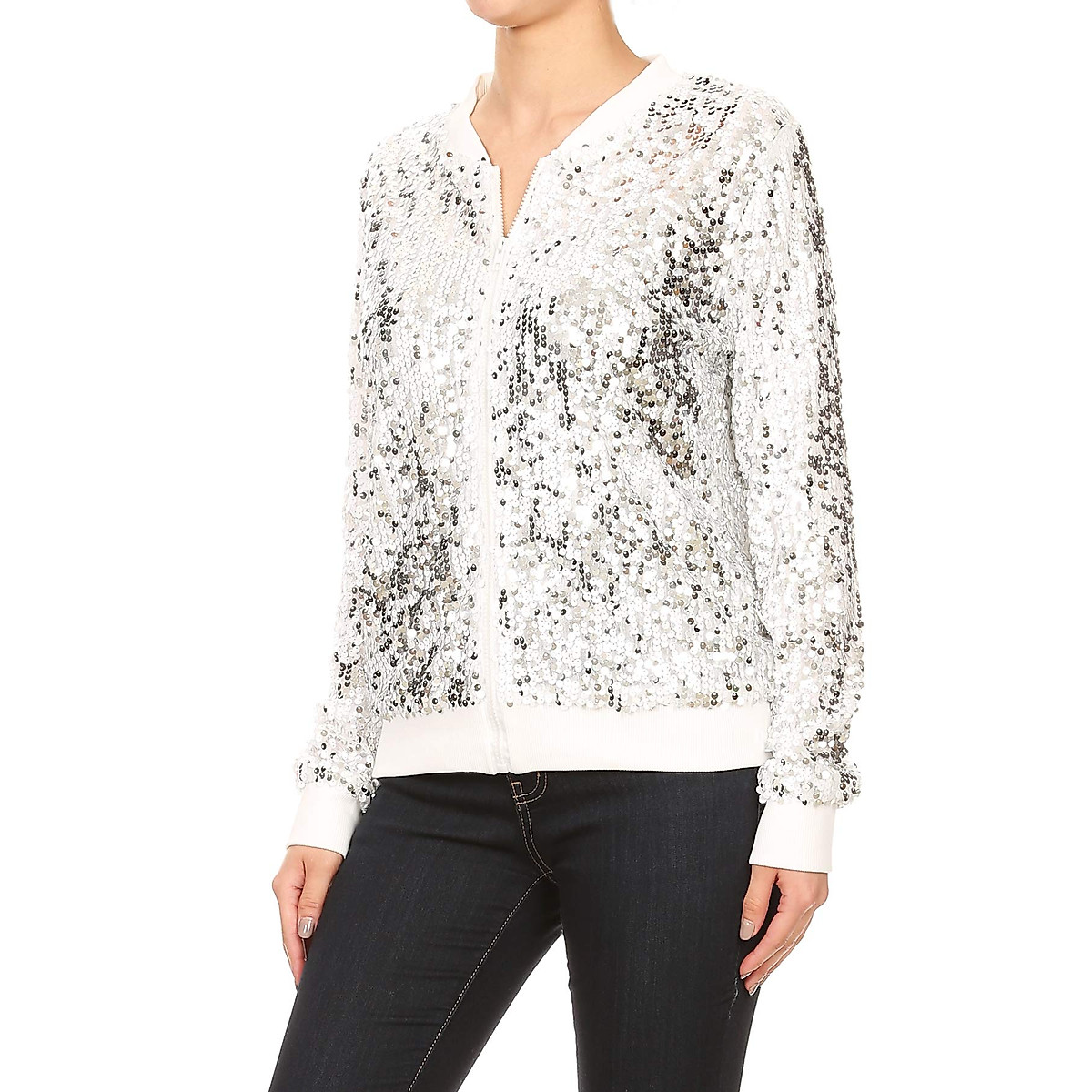 Anna-Kaci Womens Sequin Jacket Bomber Coat 1989 Slitter Outfit For Concert Party, Silver, Large