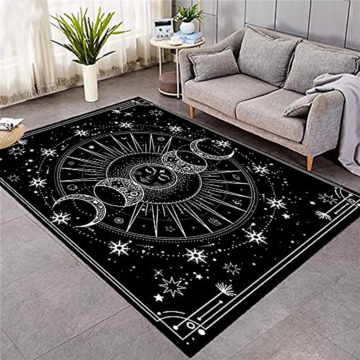 LGGQQW Sun and Moon Area Rugs Black and White Stars Space Carpets Astrology Zodiac rugsfor Bedroom Teen Girl Psychedelic Aesthetic Rugs