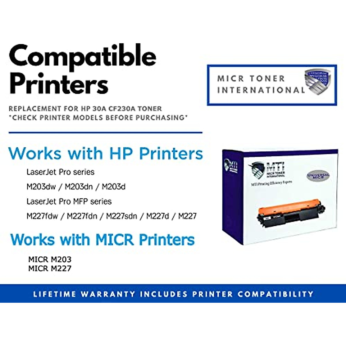 MTI 30A MICR Compatible CF230A Toner Replacement for HP Laser Pro MFP M203dw M227fdw M227fdn M203d M203dn M227sdn | M227 M203 Magnetic Ink Check Printer Cartridge