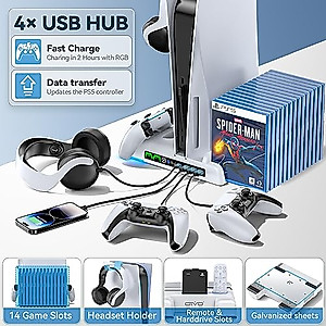 PS5 Stand and Cooling Station with RGB LED Controller Charging Station for Playstation 5 Console, 2H Fast PS5 Controller Charger, PS5 Accessories with 3-Level Cooling Fan, Headset holder, 3 USB Hub