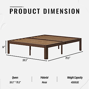 COMASACH 14 Inch Queen Bed Frame with Round-Corner Leg, No Box Spring Needed, Heavy Duty Walnut Pattern Metal Platform Bed-Frame, Noise Free Mattress-Foundation Support to 4000 Lbs, Black