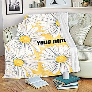 CUXWEOT Custom Blanket with Name Text,Personalized Watercolor Daisy Flowers Super Soft Fleece Throw Blanket for Couch Sofa Bed (50 X 60 inches)