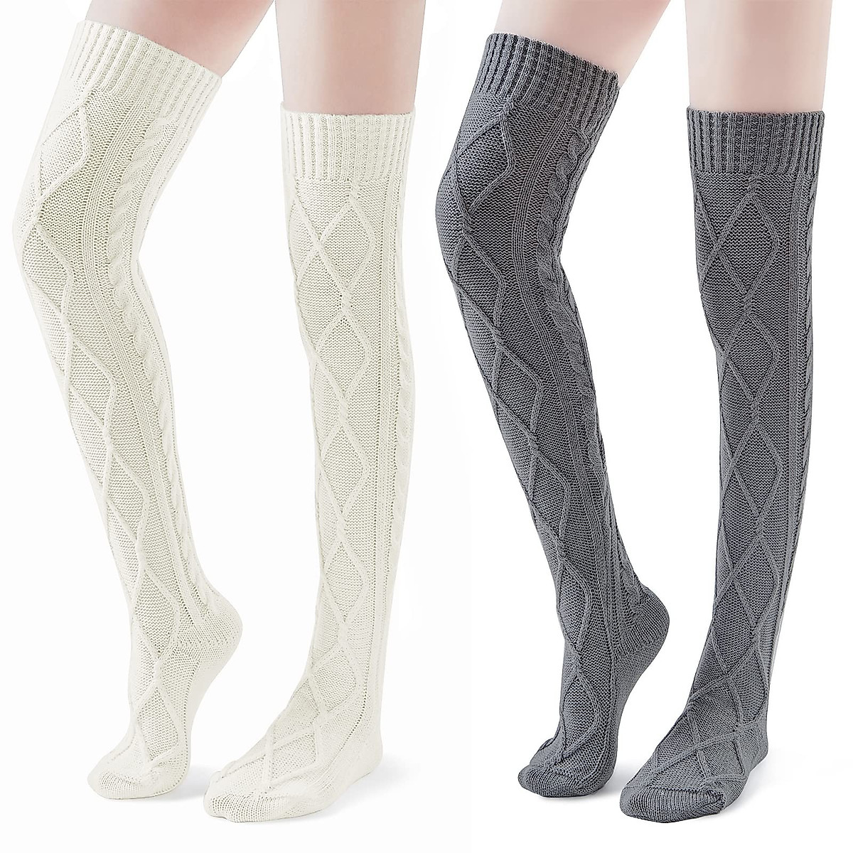 Pcavin Thigh High Socks for Women Cable Knit Over the Knee Boot Socks, Long Warm Leg Warmers Winter(White&Gray)