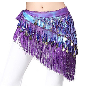 Lauthen.S Belly Dance Hip Scarf with Tassels Sequins, Triangle Coins Wrap Skirt Music Festival Clothing Purle