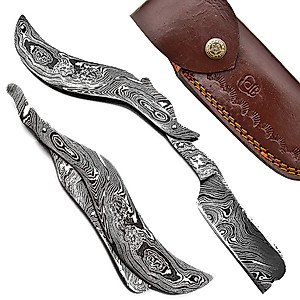 Hand Made Damascus Steel Straight Razor Folding Razor With Shaving Ready Classic Barber Blade Edge, Men Straight Razor, Leather Case + Strop, Close Shave, Great Gift R-85