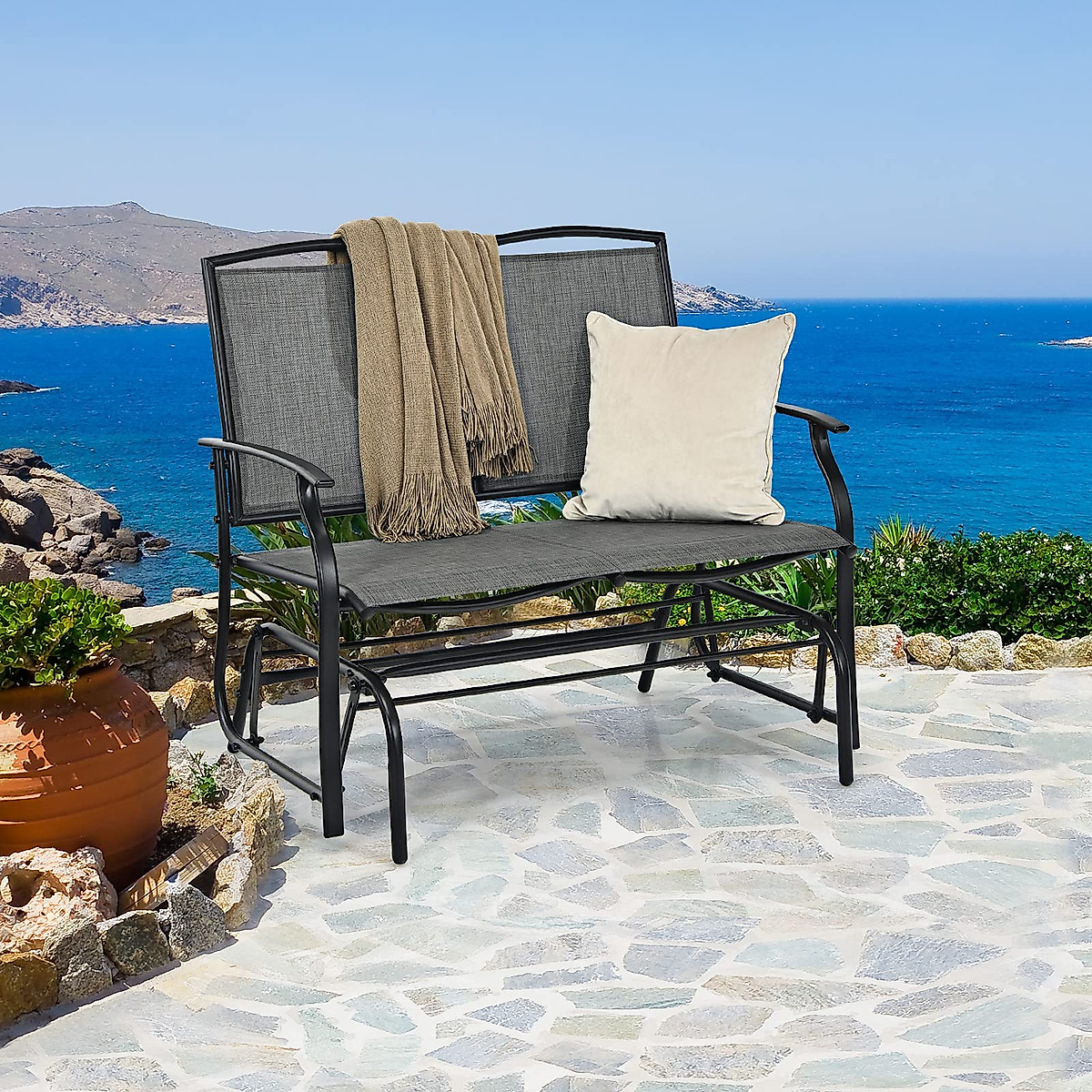 Giantex Patio Glider Benches for Outside, Swing Glider Chair with Steel Frame, 400 LBS Capacity, Patio Swing Rocker, 2-Person Loveseat for Backyard, Poolside, Lawn, Balcony, Porch Glider Bench(Gray)