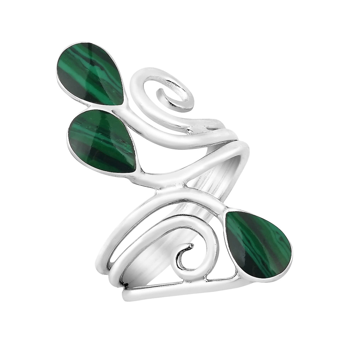 Floral Vine Ornate Teardrop Green Malachite Sterling Silver Ring (10)