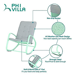 PHI VILLA Outdoor Patio Metal Rocking Chair, Padded Modern Rocker Chairs with Cushion, Support 301lbs for Porch, Deck, Balcony or Indoor Use (2PCS, Green)