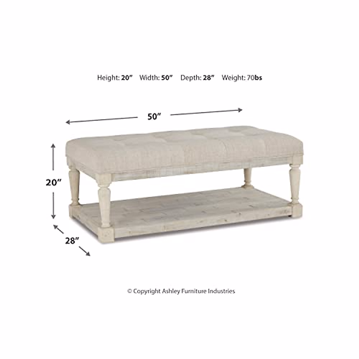 Signature Design by Ashley Shawnalore Farmhouse Upholstered Solid Wood Ottoman Coffee Table, Whitewash